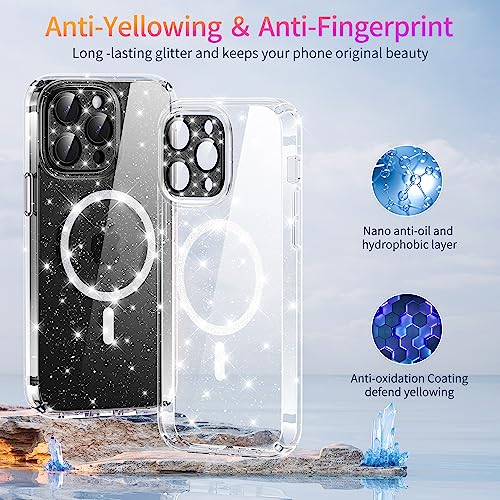 Hoerrye Glitter Clear Case for iPhone 14 Pro Max for Magsafe,[with Bling Camera Lens Protector] [Non-Yellowing] Women Girly Cute Magnetic Sparkly Slim Hard Shockproof Phone Cover 6.7 inch