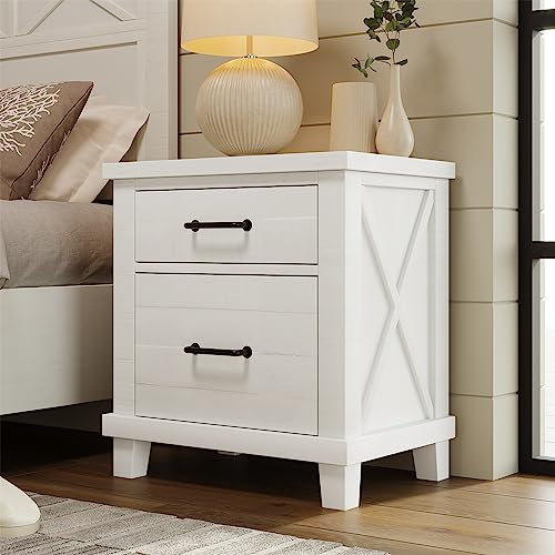 Polibi Rustic Nightstand with 2 Storage Drawers, Farmouhouse Solid Wood Storage End Table, Side Table for Bedroom, Living Room, White