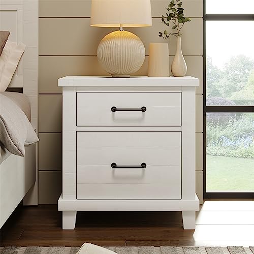 Polibi Rustic Nightstand with 2 Storage Drawers, Farmouhouse Solid Wood Storage End Table, Side Table for Bedroom, Living Room, White