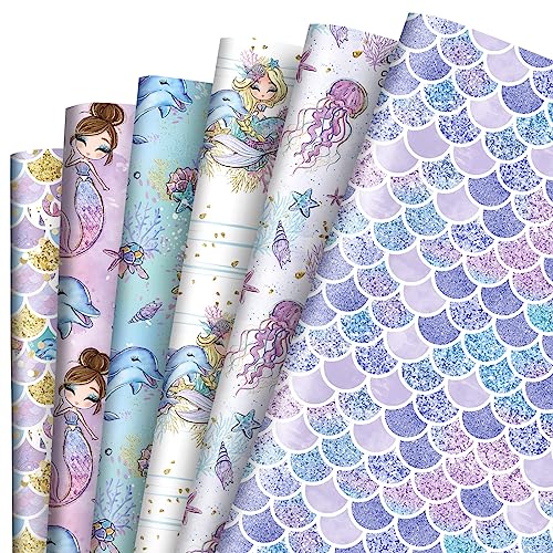 AnyDesign 12 Sheet Mermaid Wrapping Paper Purple Blue Mermaid Dolphin Jellyfish Gift Wrap Paper Bulk 6 Design Mermaid Art Paper for Birthday Baby Shower Birthday DIY Crafts Gift Packing, Folded Flat