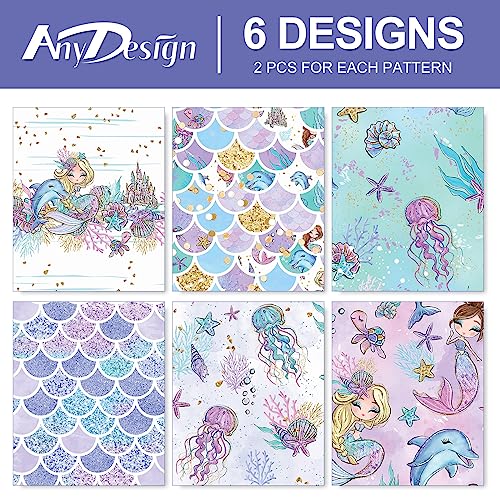 AnyDesign 12 Sheet Mermaid Wrapping Paper Purple Blue Mermaid Dolphin Jellyfish Gift Wrap Paper Bulk 6 Design Mermaid Art Paper for Birthday Baby Shower Birthday DIY Crafts Gift Packing, Folded Flat