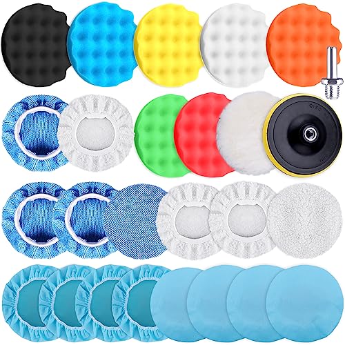 SIQUK 26 Pieces Car Polisher Buffing Pads 3 Inch Car Polishing Pad Kit Foam Polish Pads Wax Bonnets Polisher Buffer Attachment for Drill