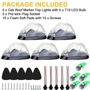 GLOFE 5X Clear Cab Marker Roof Running Lights with Green T10 LED Light Bulbs Assembly Compatible with Ford E150 E250 E350 E450 F150 F250 F350 F450 F550 Super Duty 1999-2016 Pickup Trucks