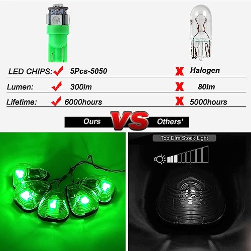 GLOFE 5X Clear Cab Marker Roof Running Lights with Green T10 LED Light Bulbs Assembly Compatible with Ford E150 E250 E350 E450 F150 F250 F350 F450 F550 Super Duty 1999-2016 Pickup Trucks