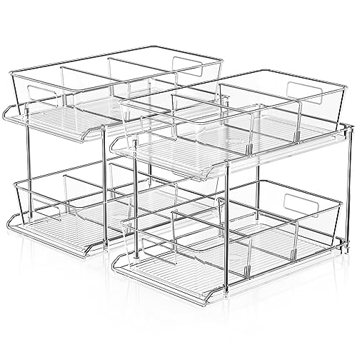 StoreHappily 2 Pack 2 Tier Clear Organizer with Dividers Multi-purpose Under Sink Organizers and Storage Pull Out Cabinet Organizer Plastic Drawer Organization and Storage for Bathroom and Kitchen