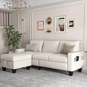 zeefu convertible sectional sofa couch,beige linen fabric modern 3-seat l-shaped upholstered sofa couch furniture with storage reversible ottoman and pockets for living room small space apartment