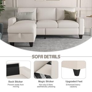 ZeeFu Convertible Sectional Sofa Couch,Beige Linen Fabric Modern 3-Seat L-Shaped Upholstered Sofa Couch Furniture with Storage Reversible Ottoman and Pockets for Living Room Small Space Apartment