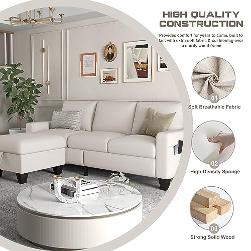 ZeeFu Convertible Sectional Sofa Couch,Beige Linen Fabric Modern 3-Seat L-Shaped Upholstered Sofa Couch Furniture with Storage Reversible Ottoman and Pockets for Living Room Small Space Apartment