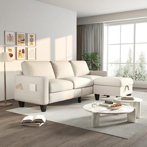 ZeeFu Convertible Sectional Sofa Couch,Beige Linen Fabric Modern 3-Seat L-Shaped Upholstered Sofa Couch Furniture with Storage Reversible Ottoman and Pockets for Living Room Small Space Apartment