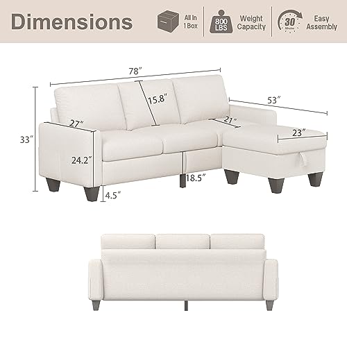 ZeeFu Convertible Sectional Sofa Couch,Beige Linen Fabric Modern 3-Seat L-Shaped Upholstered Sofa Couch Furniture with Storage Reversible Ottoman and Pockets for Living Room Small Space Apartment