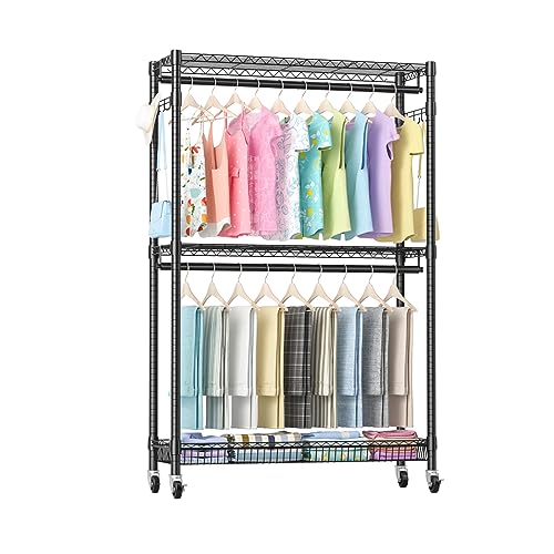 SEMHOR S3 Portable Closets 3 Tier Rolling Clothes Rack Heavy Duty Clothing Rack with Storage Basket 2 Hanging Rod and 2 Side Hooks, Freestanding Adjustable Wardrobe Garment Rack for Bedroom Laundry