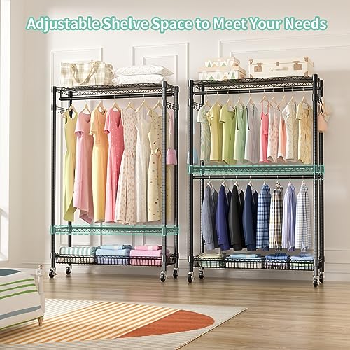 SEMHOR S3 Portable Closets 3 Tier Rolling Clothes Rack Heavy Duty Clothing Rack with Storage Basket 2 Hanging Rod and 2 Side Hooks, Freestanding Adjustable Wardrobe Garment Rack for Bedroom Laundry