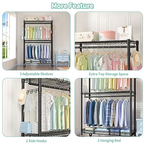 SEMHOR S3 Portable Closets 3 Tier Rolling Clothes Rack Heavy Duty Clothing Rack with Storage Basket 2 Hanging Rod and 2 Side Hooks, Freestanding Adjustable Wardrobe Garment Rack for Bedroom Laundry