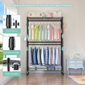 SEMHOR S3 Portable Closets 3 Tier Rolling Clothes Rack Heavy Duty Clothing Rack with Storage Basket 2 Hanging Rod and 2 Side Hooks, Freestanding Adjustable Wardrobe Garment Rack for Bedroom Laundry