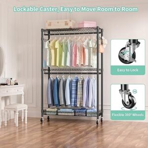 SEMHOR S3 Portable Closets 3 Tier Rolling Clothes Rack Heavy Duty Clothing Rack with Storage Basket 2 Hanging Rod and 2 Side Hooks, Freestanding Adjustable Wardrobe Garment Rack for Bedroom Laundry