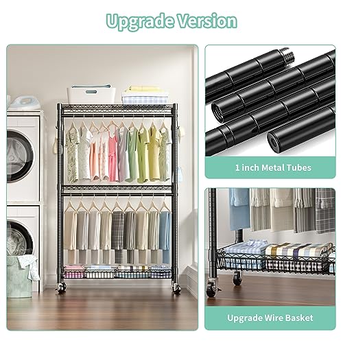 SEMHOR S3 Portable Closets 3 Tier Rolling Clothes Rack Heavy Duty Clothing Rack with Storage Basket 2 Hanging Rod and 2 Side Hooks, Freestanding Adjustable Wardrobe Garment Rack for Bedroom Laundry