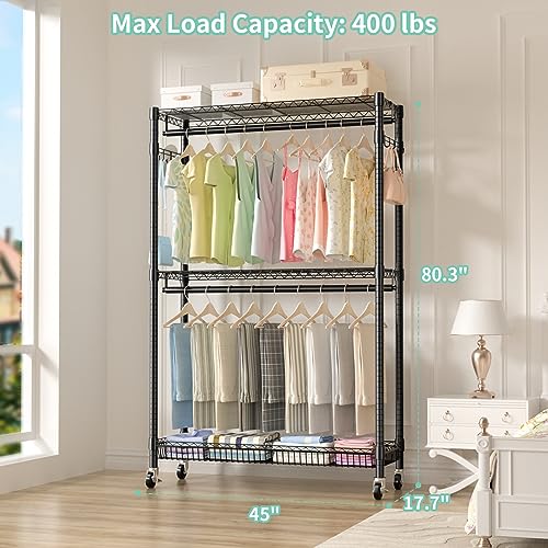 SEMHOR S3 Portable Closets 3 Tier Rolling Clothes Rack Heavy Duty Clothing Rack with Storage Basket 2 Hanging Rod and 2 Side Hooks, Freestanding Adjustable Wardrobe Garment Rack for Bedroom Laundry