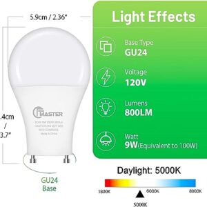 CFMASTER GU24 Led Light Bulb, 9W(100W Equivalent), 5000K Daylight, A19 Shape GU24 Light Bulb, 800 Lumens GU24 Led Bulb, CRI 85, Non-Dimmable ETL Listed(2-Pack)