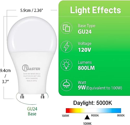 CFMASTER GU24 Led Light Bulb, 9W(100W Equivalent), 5000K Daylight, A19 Shape GU24 Light Bulb, 800 Lumens GU24 Led Bulb, CRI 85, Non-Dimmable ETL Listed(2-Pack)