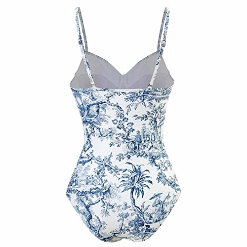 ZDRZK 3 Piece Bikini Sets for Women Sexy One Piece Swimsuit for Women with Matching Cover Ups Sarong Retro Floral Print Bikini Set Two Piece Bathing Suit Navy M