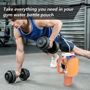 WUQID Adjustable Water Bottle Pouch for Stanley Quencher Adventure & Stanley IceFlow 20oz 30oz 40oz, Gym Accessories for Women Men, Tumbler Pouch Bag with Cards, Keys, Wallet, Earphone,Compact