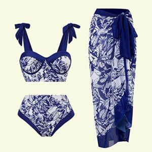 ZDRZK Cute one Piece Swimsuit for Women Womens Three Piece Bathing Suit with Matching Cover Ups Retro Floral Print Sexy Bikini Sets Push Up Two Pieces Swimsuit Blue XL