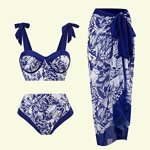 ZDRZK Cute one Piece Swimsuit for Women Womens Three Piece Bathing Suit with Matching Cover Ups Retro Floral Print Sexy Bikini Sets Push Up Two Pieces Swimsuit Blue XL