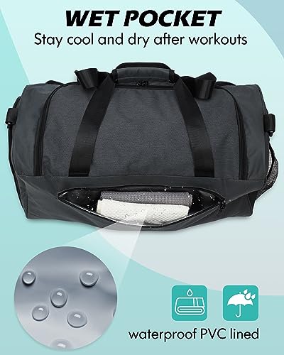 Gym Bag for Men Women, Sports Travel Duffel Bag with Shoes Compartment & Wet Pocket, Waterproof Gym Duffle Bag Weekender Overnight Bag for Travel Fitness Workout Swim Yoga, Light Black