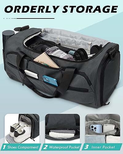 Gym Bag for Men Women, Sports Travel Duffel Bag with Shoes Compartment & Wet Pocket, Waterproof Gym Duffle Bag Weekender Overnight Bag for Travel Fitness Workout Swim Yoga, Light Black