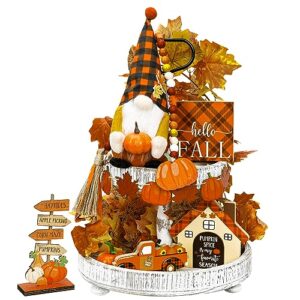 12 pcs fall decorations for home, fall tiered tray decor, rustic farmhouse autumn wooden signs plush gnome bead garland pumpkins maple leaves banner hello fall ornament for harvest table centerpieces