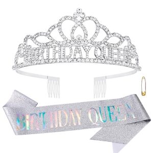 chanaco birthday sash birthday crowns for women birthday queen sash birthday crown tiaras for women silver happy birthday decorations birthday gifts