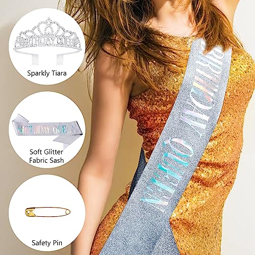 Chanaco Birthday Sash Birthday Crowns for Women Birthday Queen Sash Birthday Crown Tiaras for Women Silver Happy Birthday Decorations Birthday Gifts