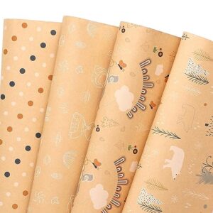 ulmasinn baby shower wrapping paper flat 8 sheets for baby boys girls, kraft paper with satellite, bear, deer, polka dot design for birthday, holiday, baby shower packing, 20 x 29 inches each