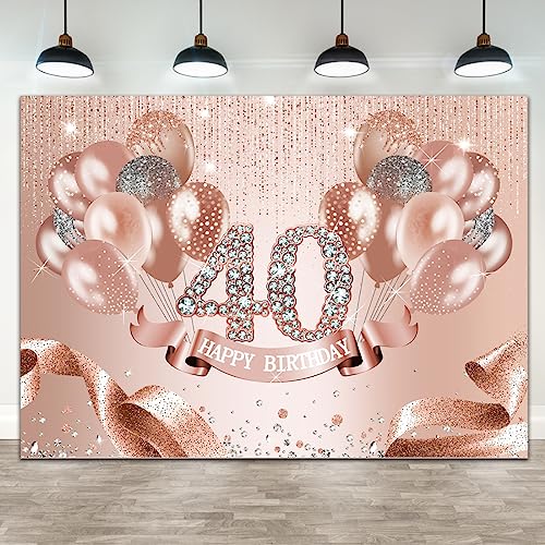 Wollmix 40th Birthday Decorations Women Backdrop Banner 7x5ft Happy 40th Bday Pink Rose Gold Balloons Party Supplies Photography Background Sign Poster 40 Fifty Years Old Photo Booth Props