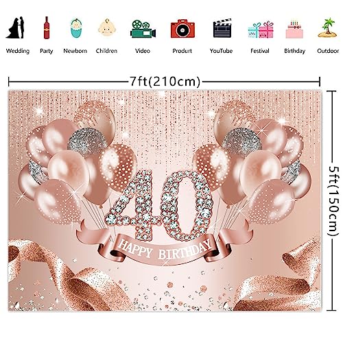 Wollmix 40th Birthday Decorations Women Backdrop Banner 7x5ft Happy 40th Bday Pink Rose Gold Balloons Party Supplies Photography Background Sign Poster 40 Fifty Years Old Photo Booth Props