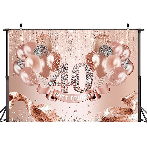 Wollmix 40th Birthday Decorations Women Backdrop Banner 7x5ft Happy 40th Bday Pink Rose Gold Balloons Party Supplies Photography Background Sign Poster 40 Fifty Years Old Photo Booth Props