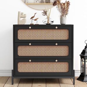 cklmmc modern 3-drawer chest,cannage rattan closet,wood storage cabinet sideboard for bedroom, living room, entryway, hallway (black#rattan*c)