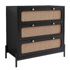 CKLMMC Modern 3-Drawer Chest,Cannage Rattan Closet,Wood Storage Cabinet Sideboard for Bedroom, Living Room, Entryway, Hallway (Black#Rattan*c)