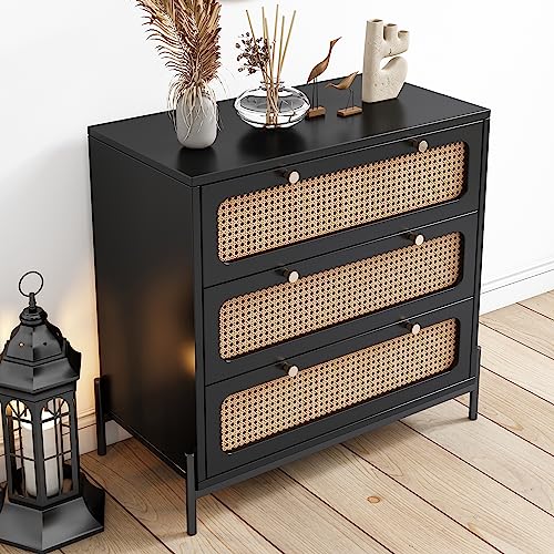 CKLMMC Modern 3-Drawer Chest,Cannage Rattan Closet,Wood Storage Cabinet Sideboard for Bedroom, Living Room, Entryway, Hallway (Black#Rattan*c)