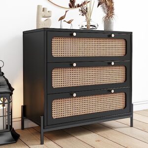 CKLMMC Modern 3-Drawer Chest,Cannage Rattan Closet,Wood Storage Cabinet Sideboard for Bedroom, Living Room, Entryway, Hallway (Black#Rattan*c)