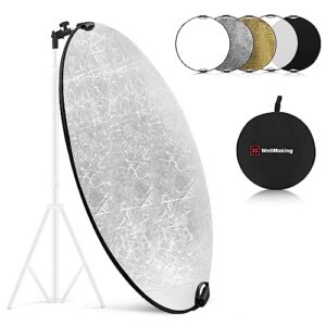 wellmaking 32 inch (80cm) reflector photography, collapsible light reflector with bag & tilt adapter, 5 in 1 handle reflector for studio & outdoor lighting -translucent, silver, gold, white and black