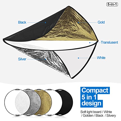 WELLMAKING 32 Inch (80cm) Reflector Photography, Collapsible Light Reflector with Bag & tilt Adapter, 5 in 1 Handle Reflector for Studio & Outdoor Lighting -Translucent, Silver, Gold, White and Black