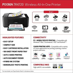 Canon PIXMA TR4720 Wireless Color All-in-One Inkjet Printer, Black - Print Copy Scan Fax - 4800 x 1200 dpi, Auto 2-Side Printing, 20-Sheet ADF, 2-Line LCD Display, DAODYANG Printer_Cable