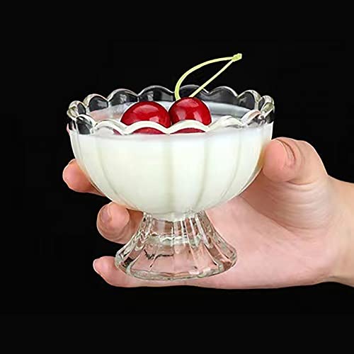 KOWLOON 6PCs Glass Ice Cream Bowl Set Clear Small Lead-Free Footed Tulip Dessert Cups for Dessert Ice Cream Trifle Snack Condiment(Comes with 6 PCs Flower Spoons)