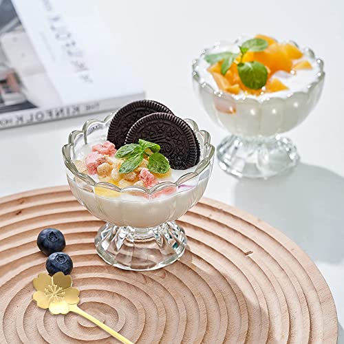 KOWLOON 6PCs Glass Ice Cream Bowl Set Clear Small Lead-Free Footed Tulip Dessert Cups for Dessert Ice Cream Trifle Snack Condiment(Comes with 6 PCs Flower Spoons)