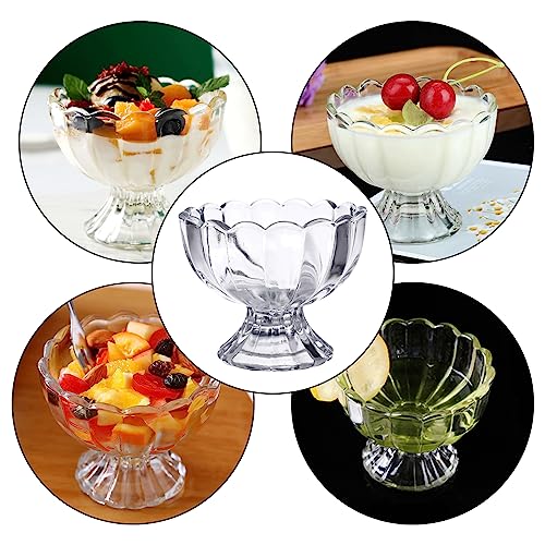 KOWLOON 6PCs Glass Ice Cream Bowl Set Clear Small Lead-Free Footed Tulip Dessert Cups for Dessert Ice Cream Trifle Snack Condiment(Comes with 6 PCs Flower Spoons)