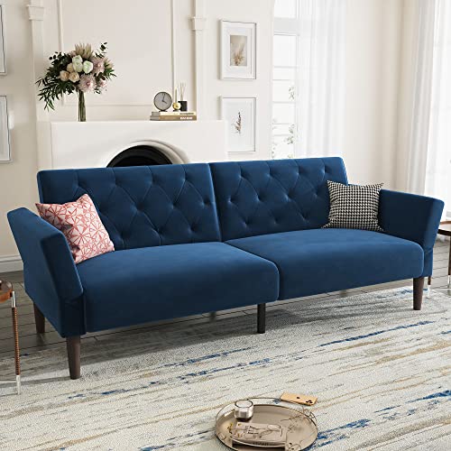 HONBAY Convertible Sofa Bed Velvet Sleeper Couch with Adjustable Armrests Tufted Futon for Living Room and Bedroom, Blue