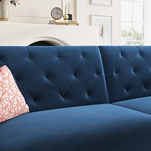 HONBAY Convertible Sofa Bed Velvet Sleeper Couch with Adjustable Armrests Tufted Futon for Living Room and Bedroom, Blue