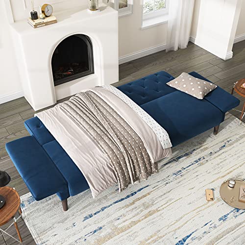 HONBAY Convertible Sofa Bed Velvet Sleeper Couch with Adjustable Armrests Tufted Futon for Living Room and Bedroom, Blue