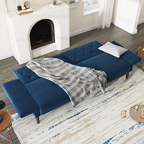 HONBAY Convertible Sofa Bed Velvet Sleeper Couch with Adjustable Armrests Tufted Futon for Living Room and Bedroom, Blue